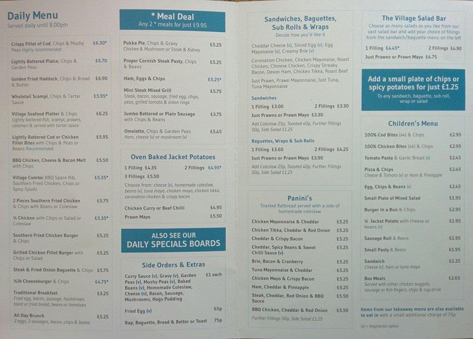 Menu at The Village cafe, Plymouth, Tamar Hotel