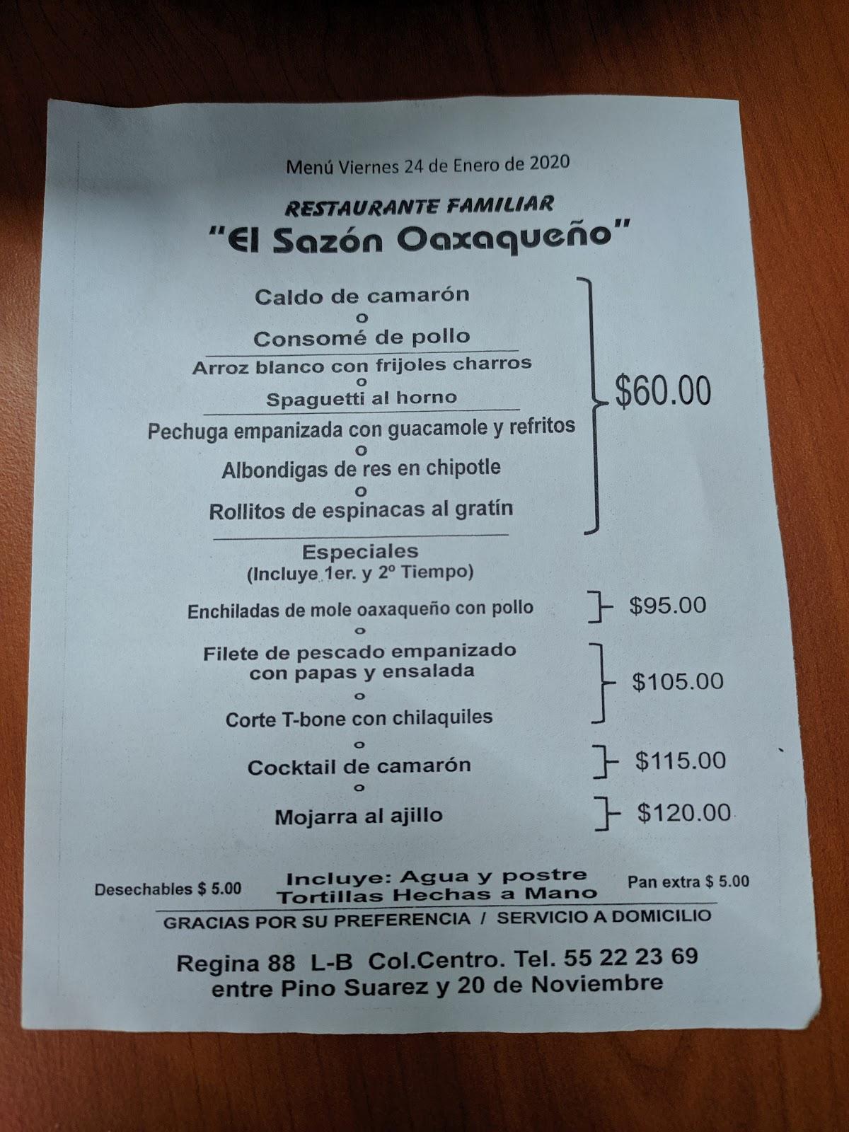 Carta del restaurante El Sazón Oaxaqueño Regina, Mexico, Regina 88