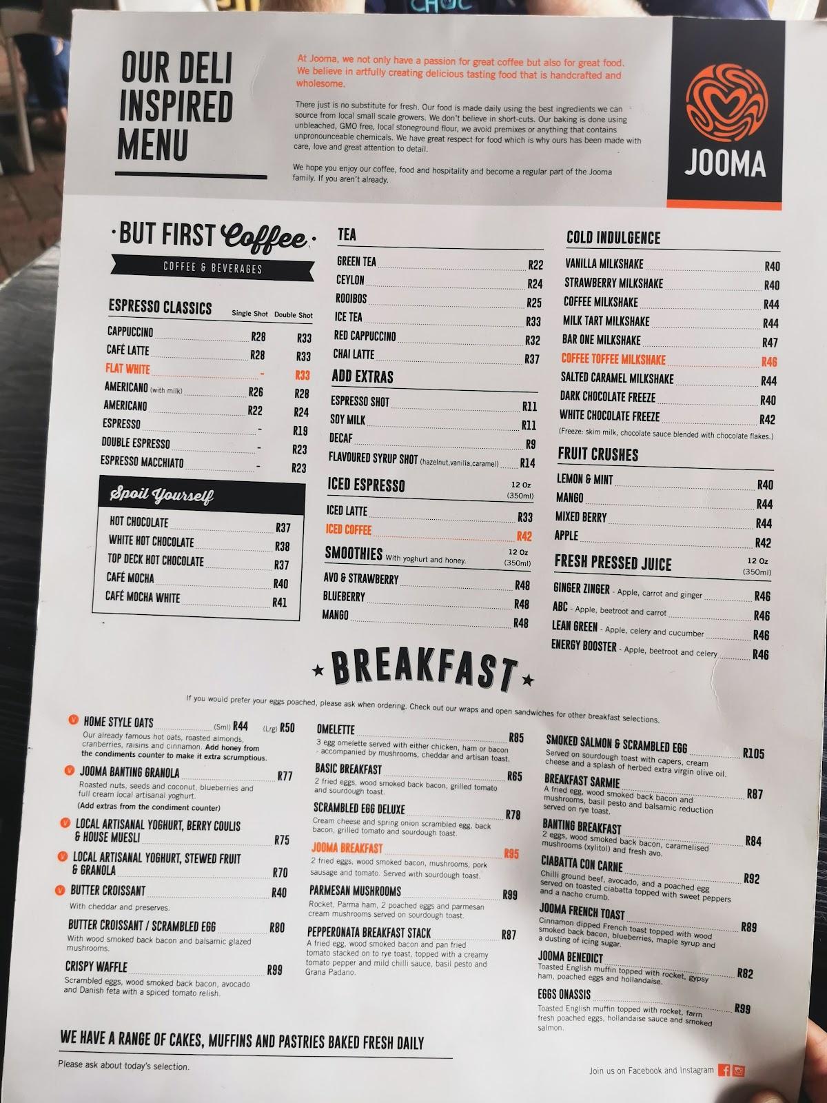 Menu at Jooma Coffee. cafe, Kloof