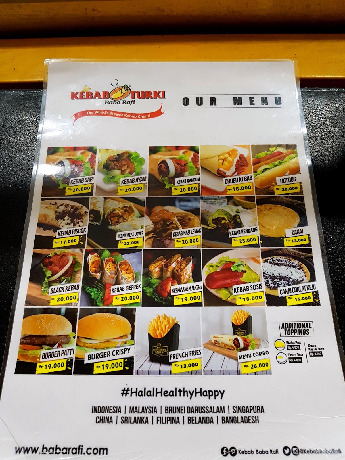 Menu at Kebab Baba Rafi restaurant, Semarang, 2C5G+3MV