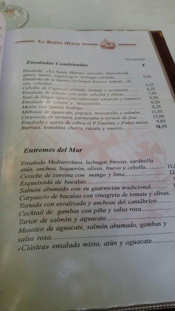 Menu at La Santa Maria restaurant, Sitges