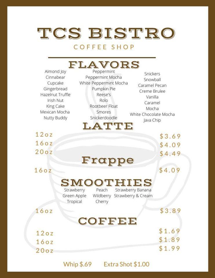 Menu at TCS Bistro (The Century Shoppe) pub & bar, Center
