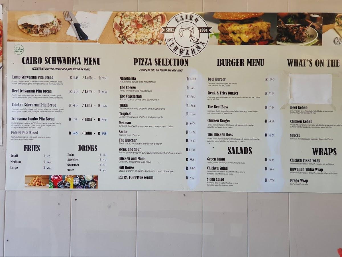 Menu at cairo schwarma sea point restaurant, Cape Town