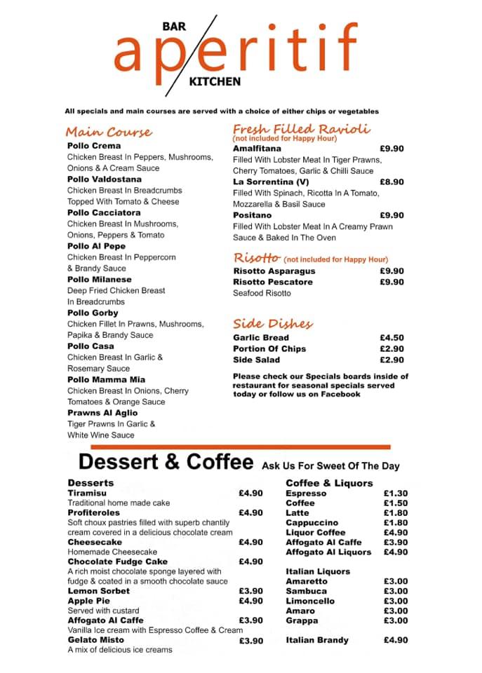 Menu at Aperitif restaurant, Sunderland