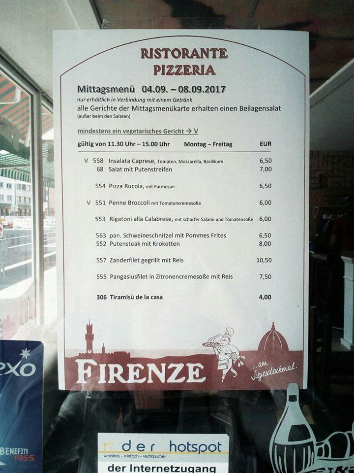 Menu at Firenze pizzeria, Freiburg