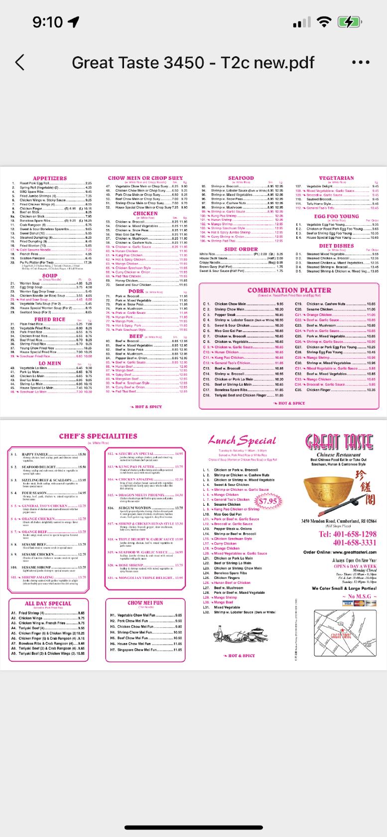 Carta de Great Taste Chinese Restaurant, Cumberland