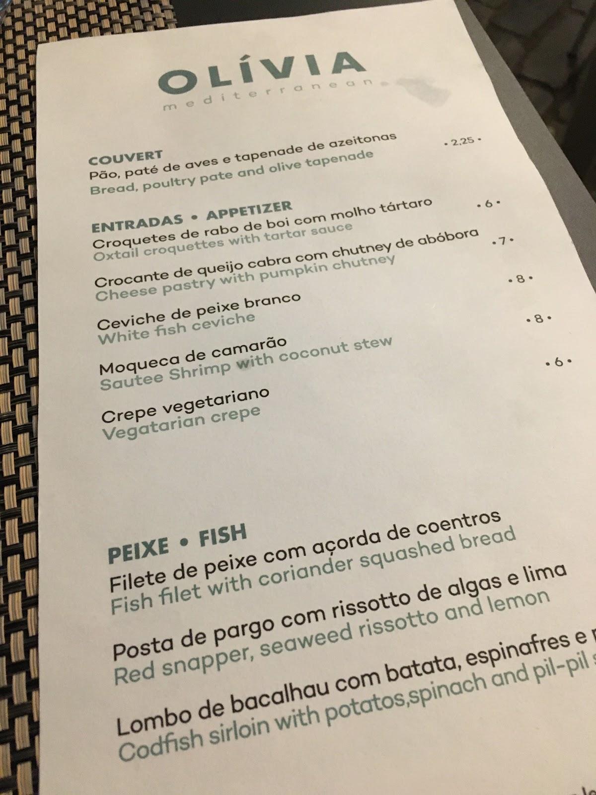 Menu em Olivia restaurante, Funchal