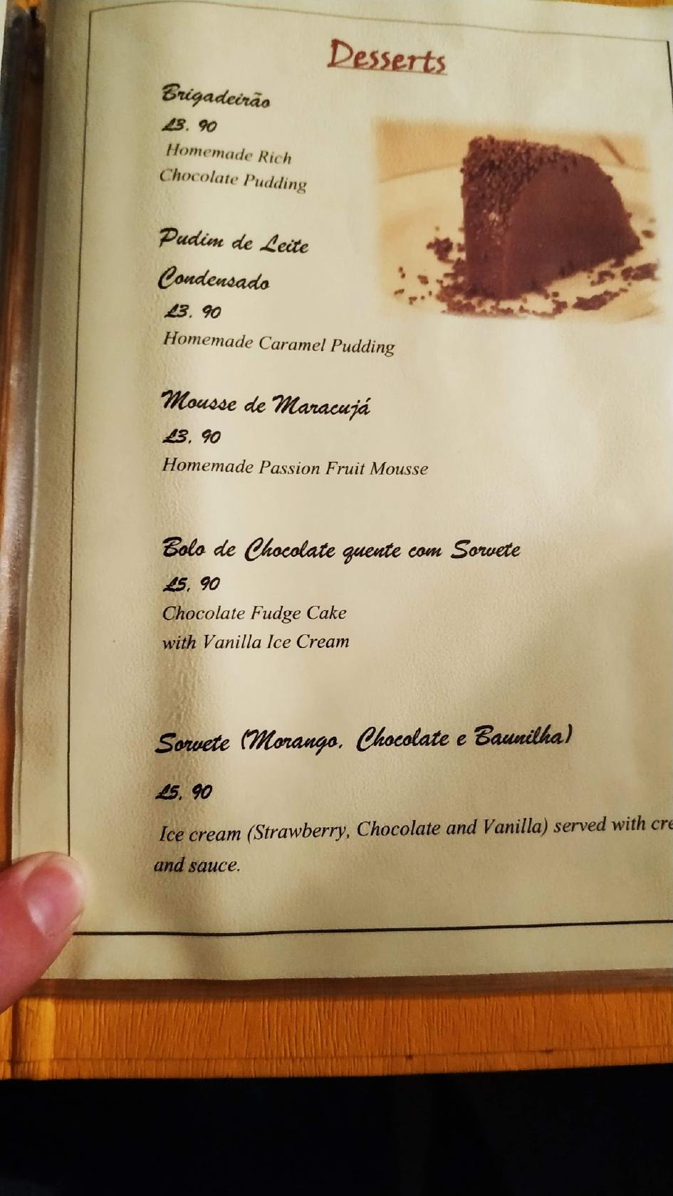 Menu at Rios Brazil restaurant, Ipswich