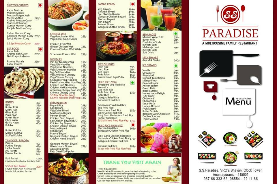 Menu at SS_Paradise, Anantapur
