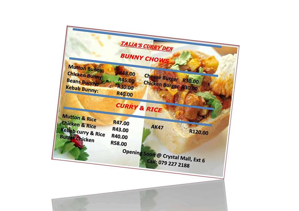 Menu at Talia's Curry Den restaurant, Johannesburg