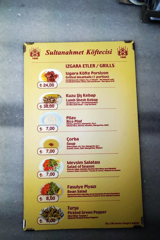 Menu at Tarihi Sultanahmet Köftecisi Selim Usta, Istanbul, Ulus