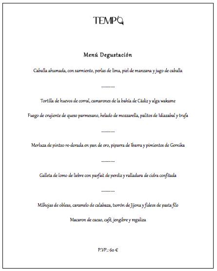 Menu at Tempo restaurant, San Sebastián
