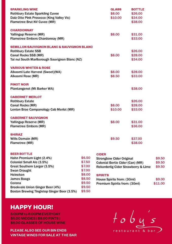Carta de Toby's Restaurant & Bar, Marybrook
