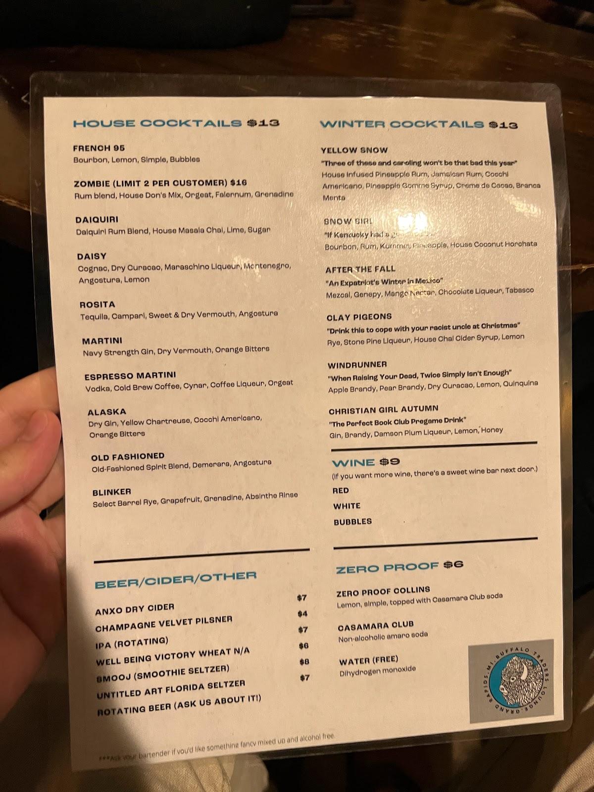 Menu at Buffalo Traders Lounge pub & bar, Grand Rapids