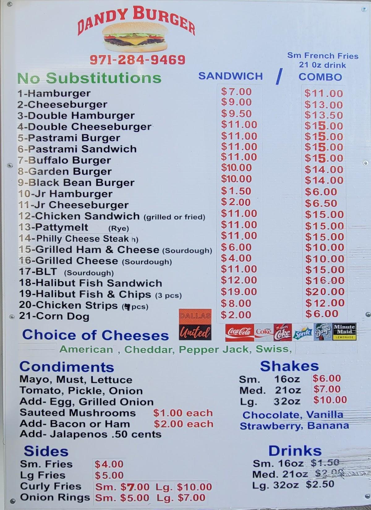 Menu at Dandy burger restaurant, Dallas, 888 SE Monmouth Cutoff Rd