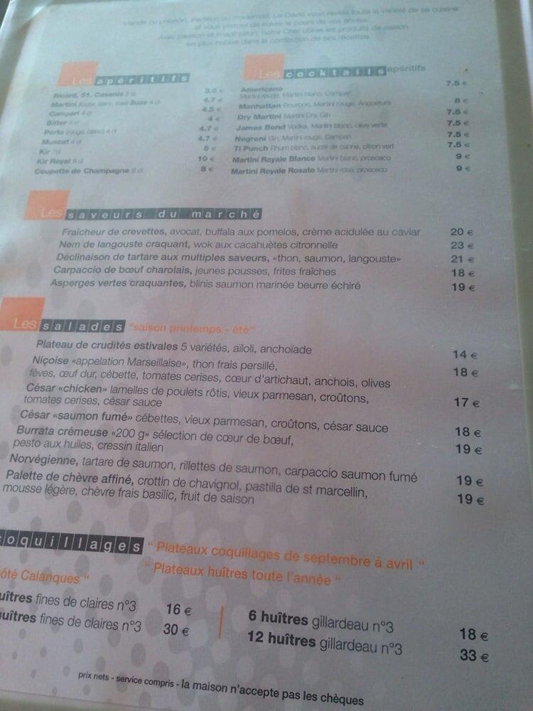 Menu at Le David Brasserie restaurant, Marseille