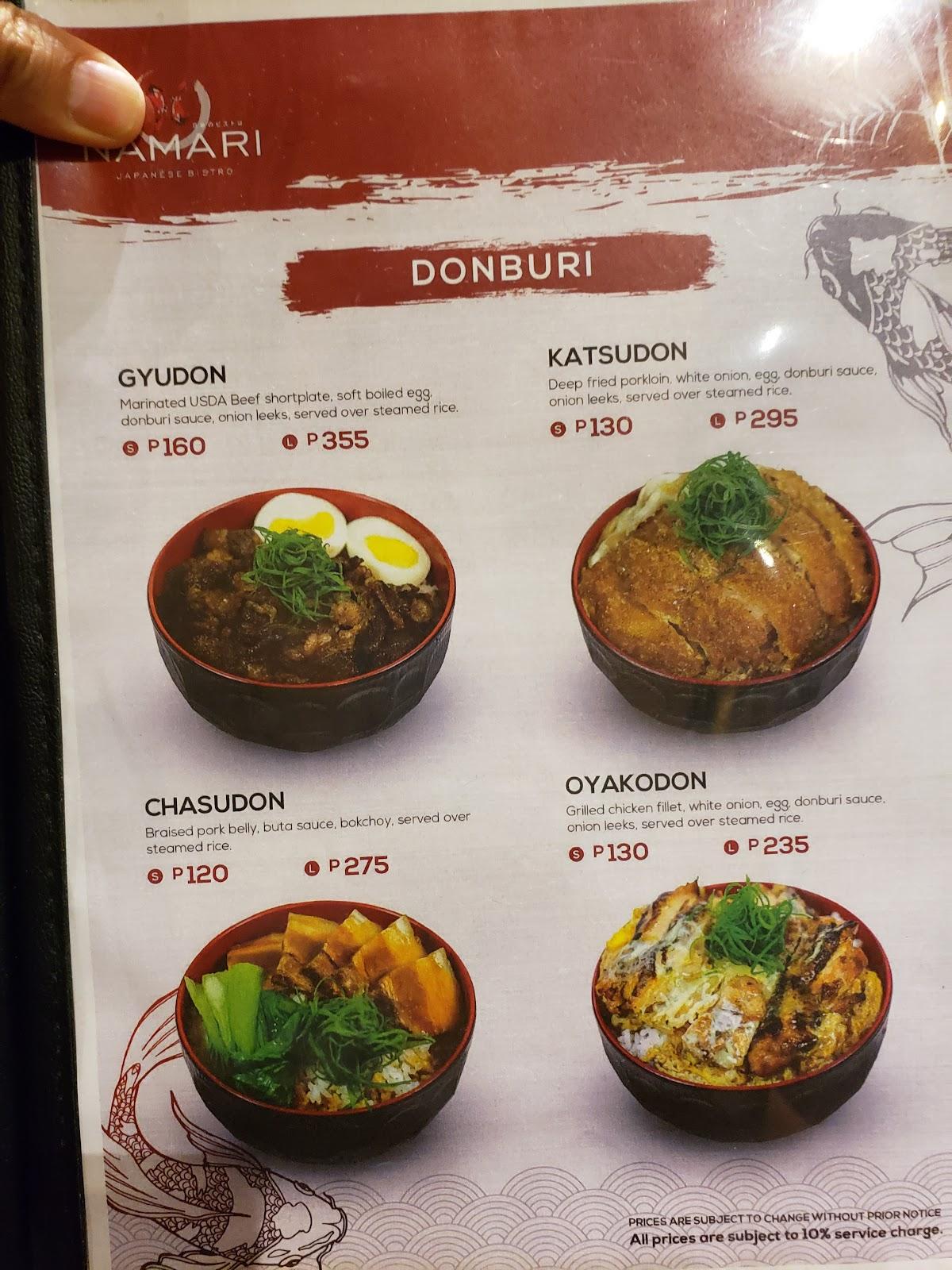 Menu at Namari Japanese Bistro restaurant, Angeles