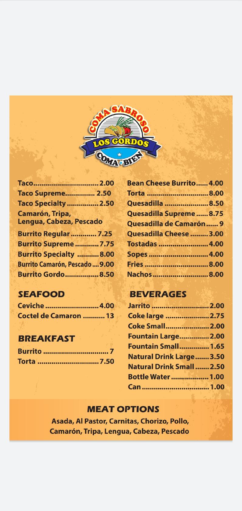 Menu at Taqueria Los Gordos restaurant, Livingston
