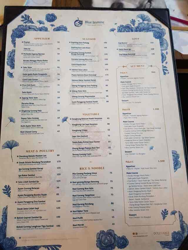 Menu at BLUE JASMINE restaurant, Jakarta