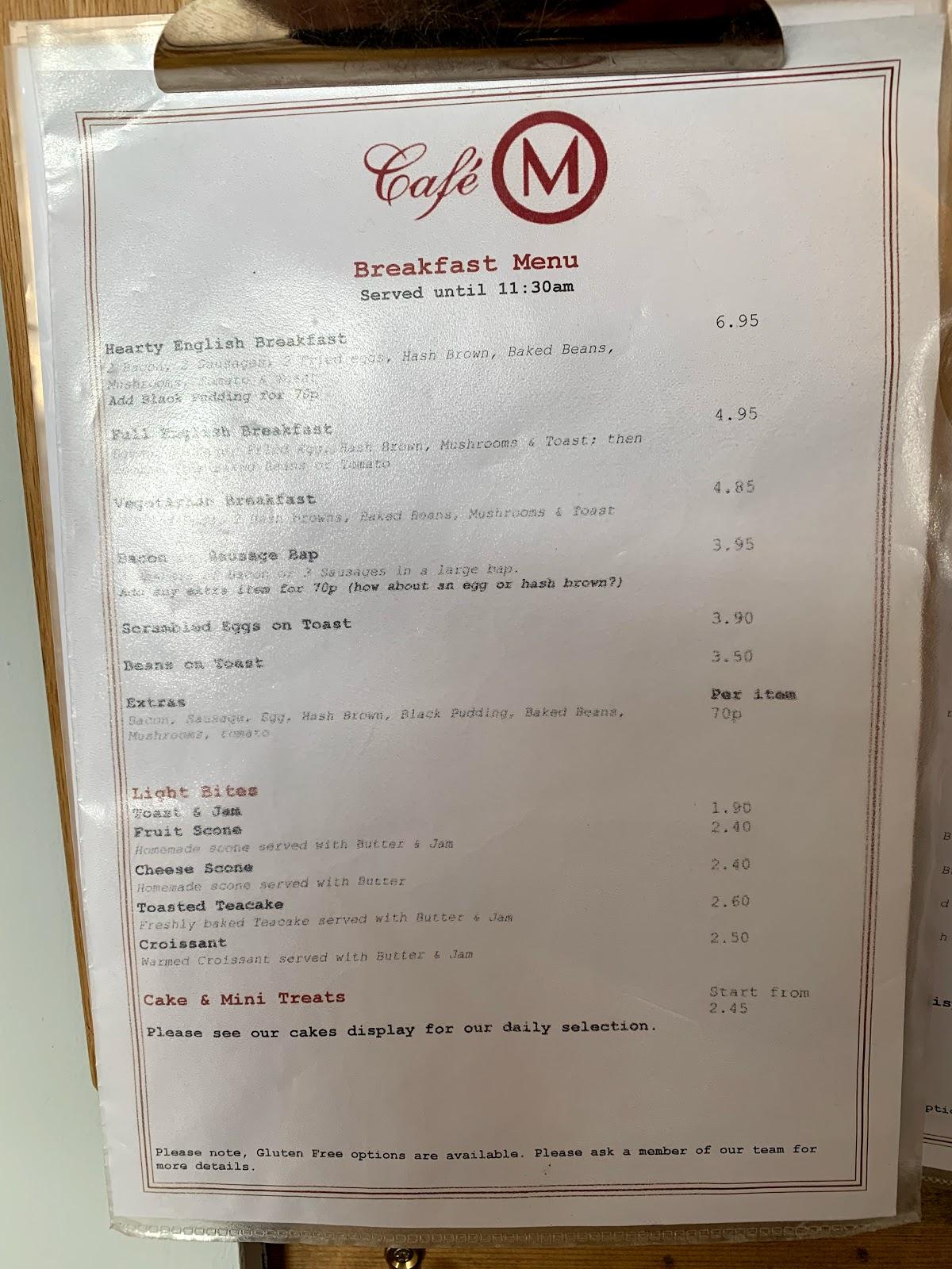 Menu at Cafe m, Harrogate