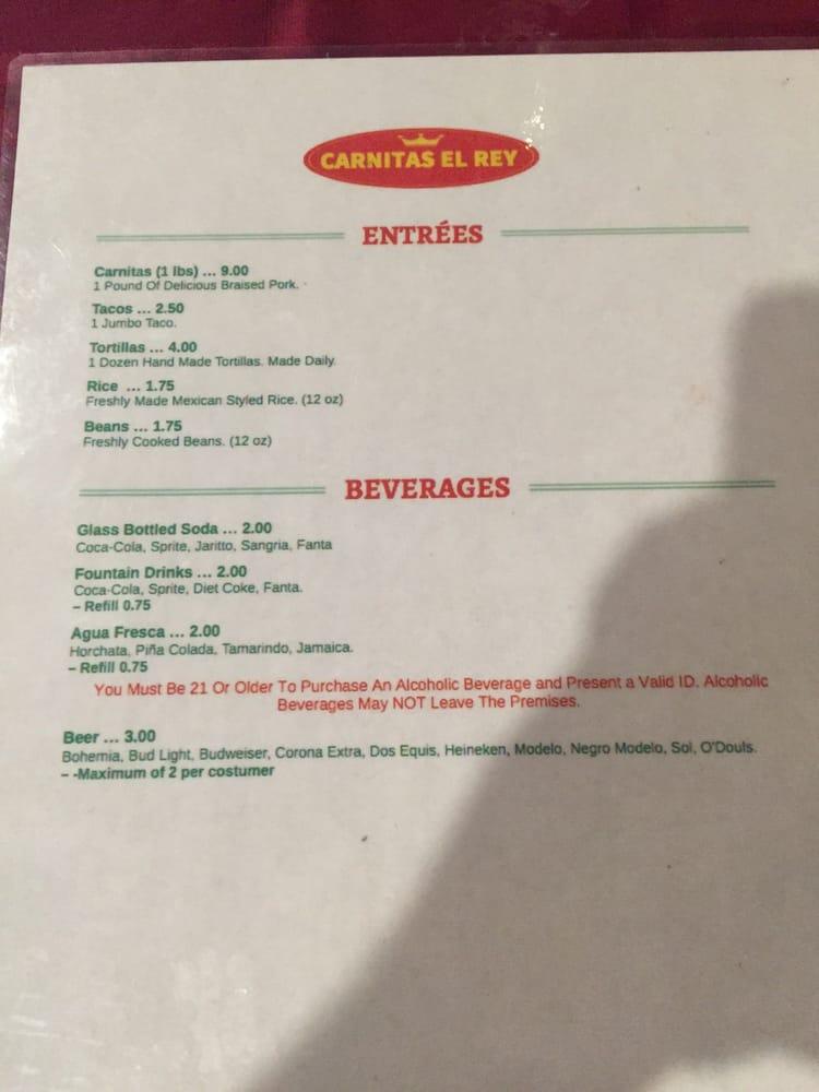 Menu at Carnitas El Rey restaurant, Oxnard, 124 E 5th St