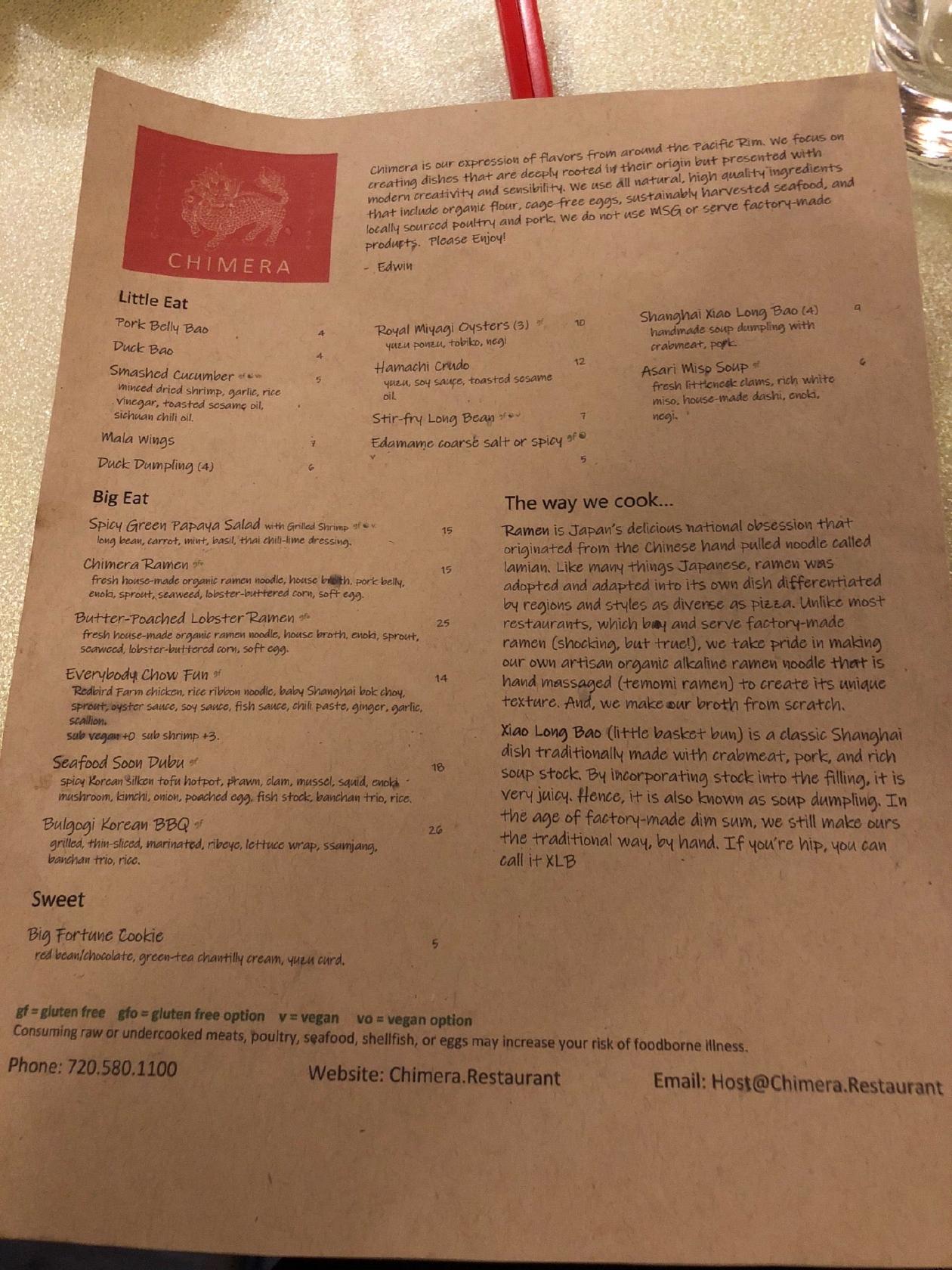Menu at Chimera restaurant, Boulder, 10th St