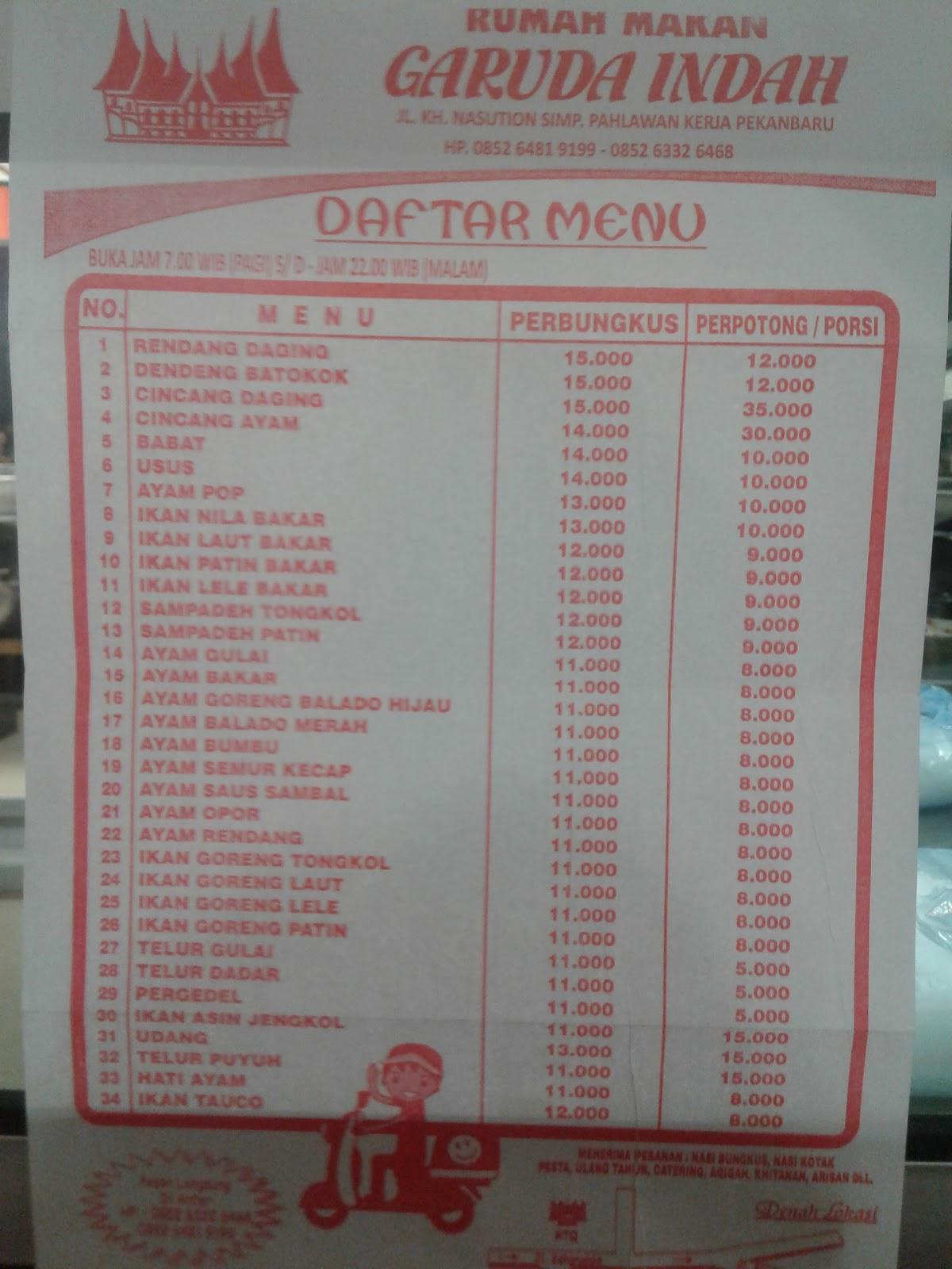Menu at Garuda indah restaurant, Pekanbaru