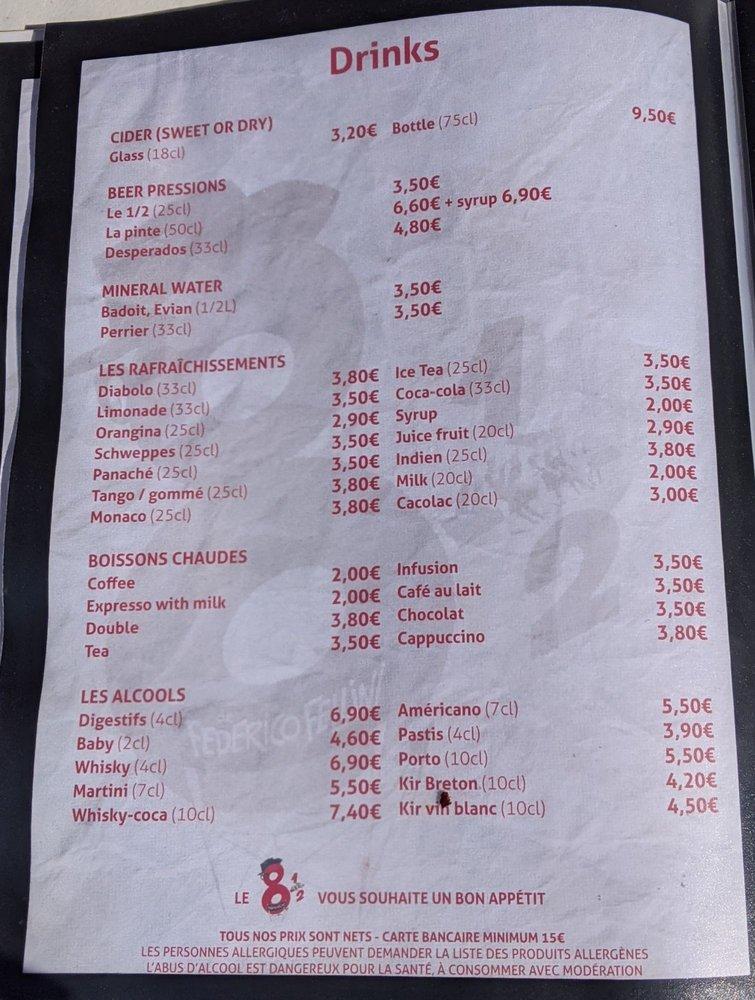 Menu au Le 8 et Demi restaurant, Cassis