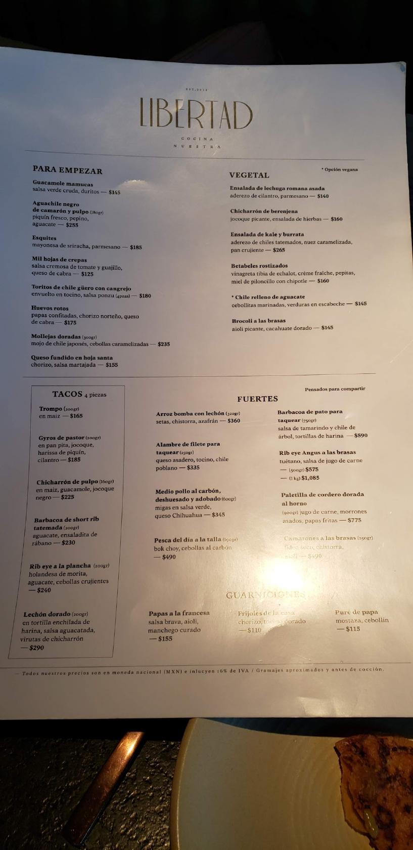 Menu at Libertad Cocina Nuestra restaurant, San Pedro Garza García