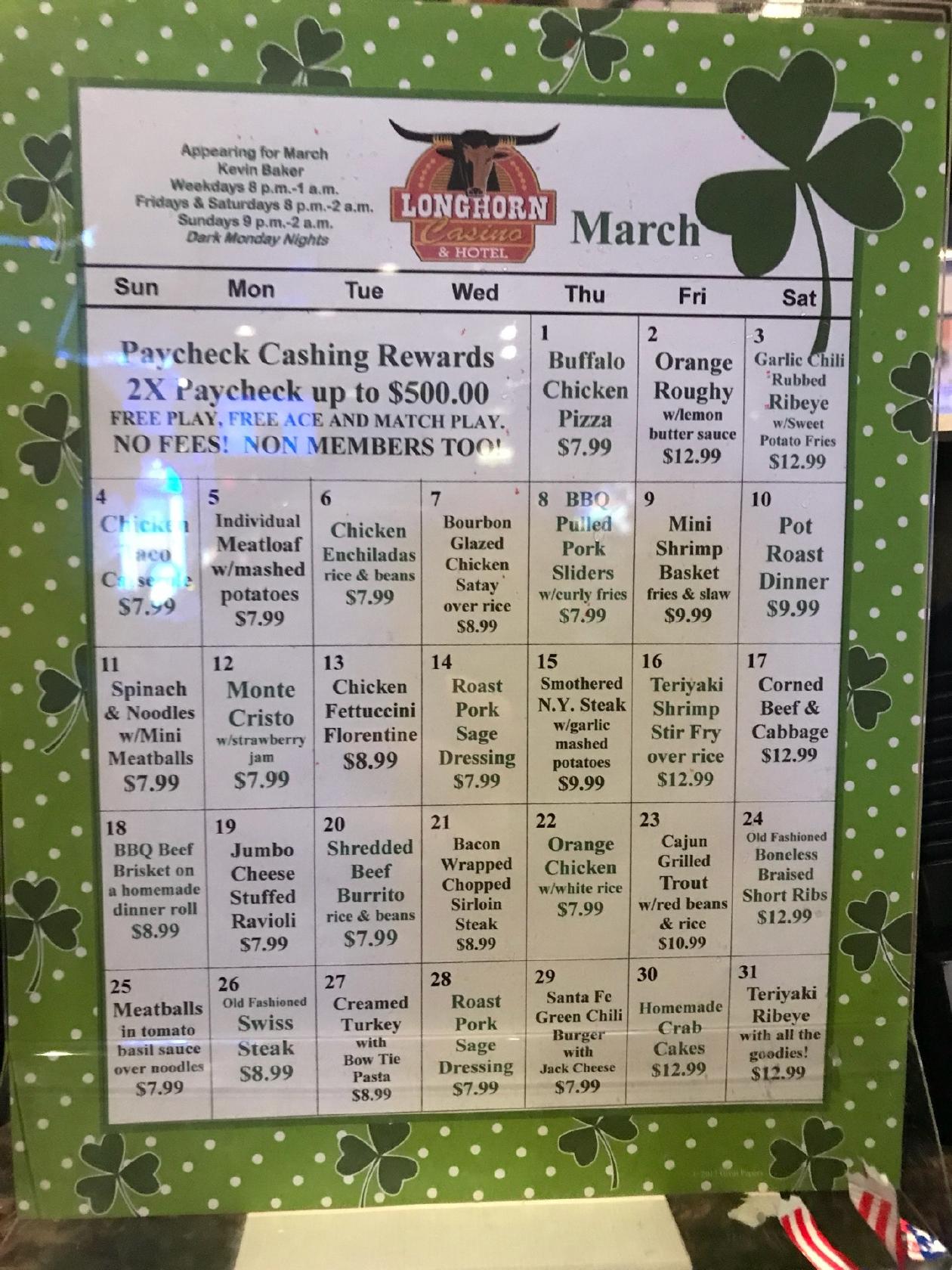 Menu at Longhorn Casino & Hotel restaurant, Las Vegas