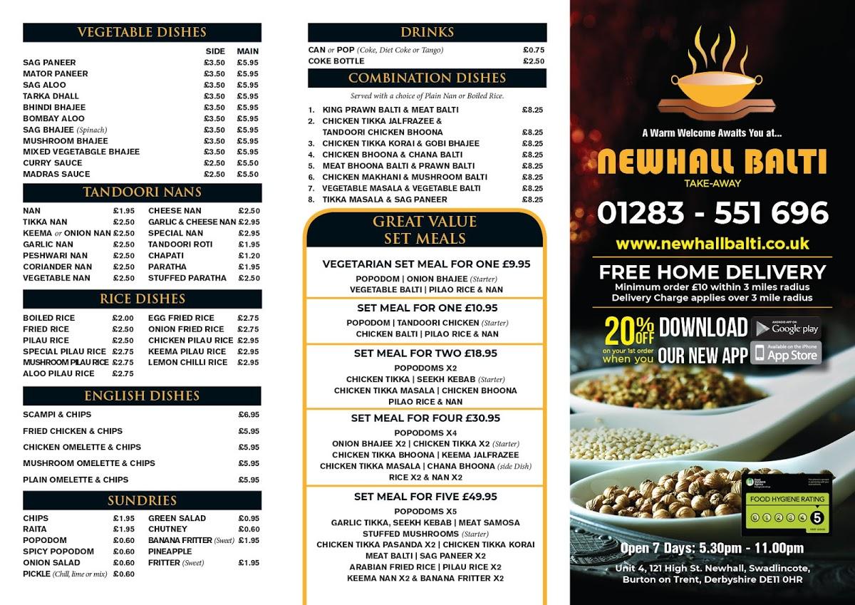 Menu at Newhall Balti & Kebab House restaurant, Swadlincote