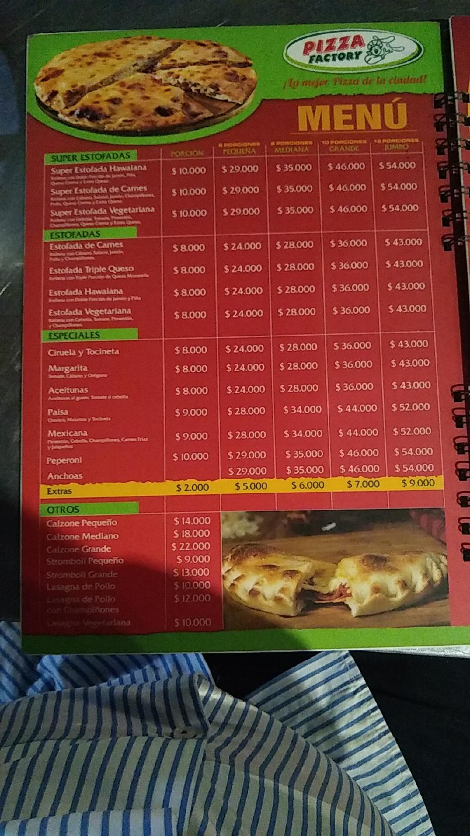 Menu at Pizza Factory restaurant, Santa Marta