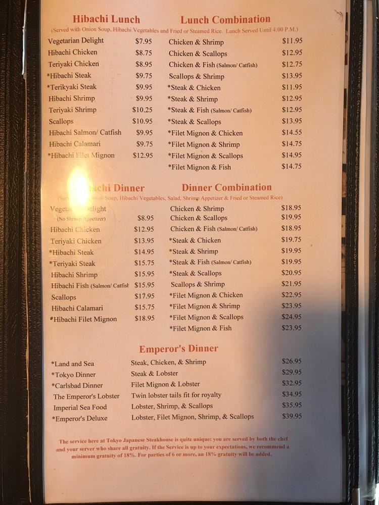 Menu at Tokyo restaurant, Carlsbad