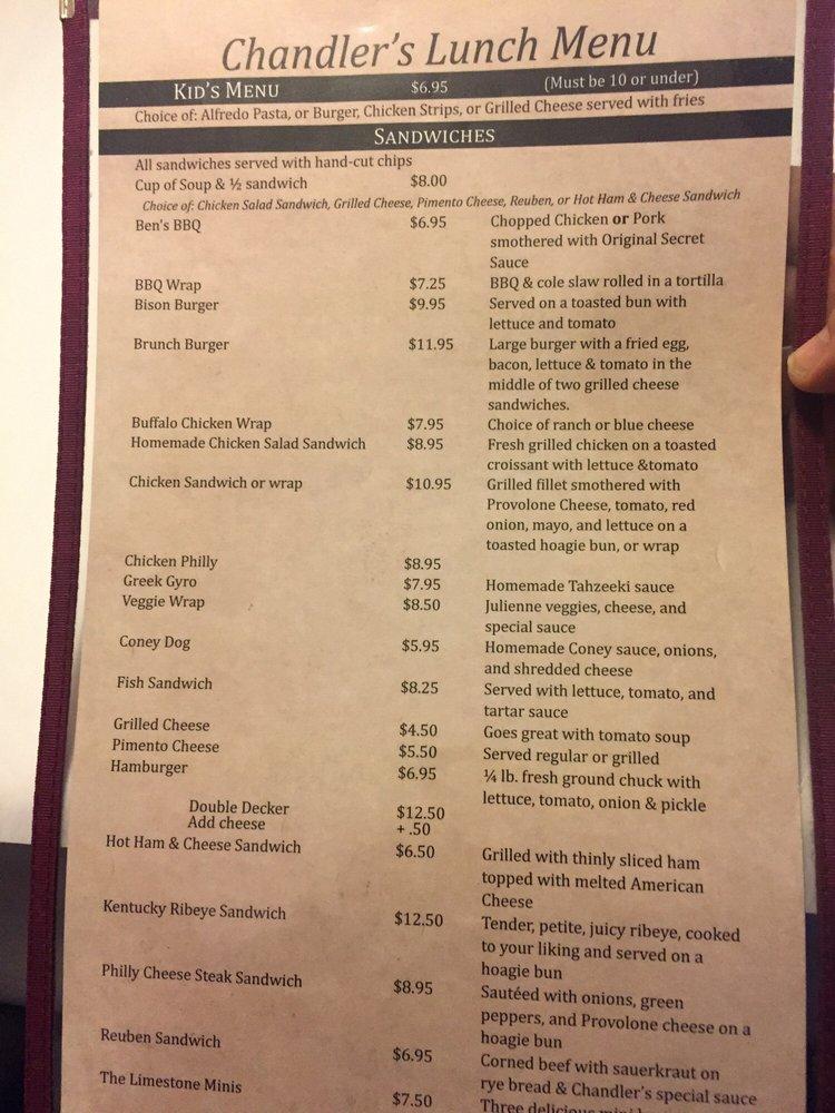 Menu at Chandler's Bar, Maysville