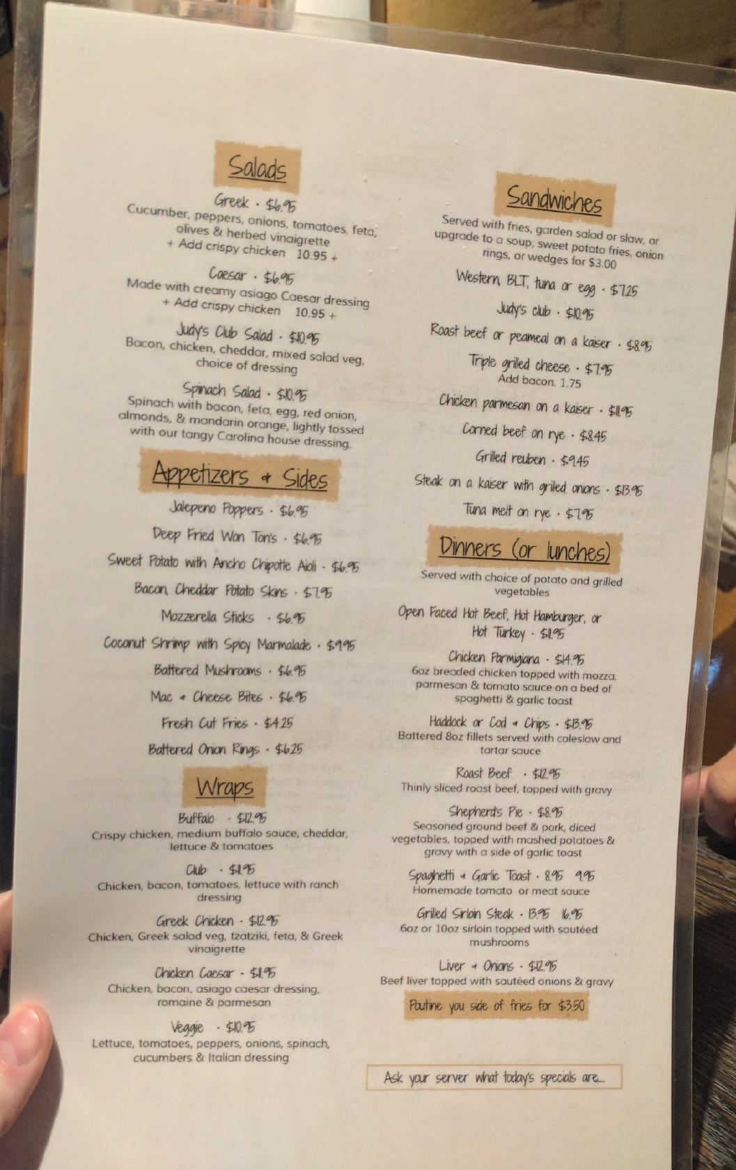 Menu at Judy's Restaurant, Erin, Wellington Rd 124