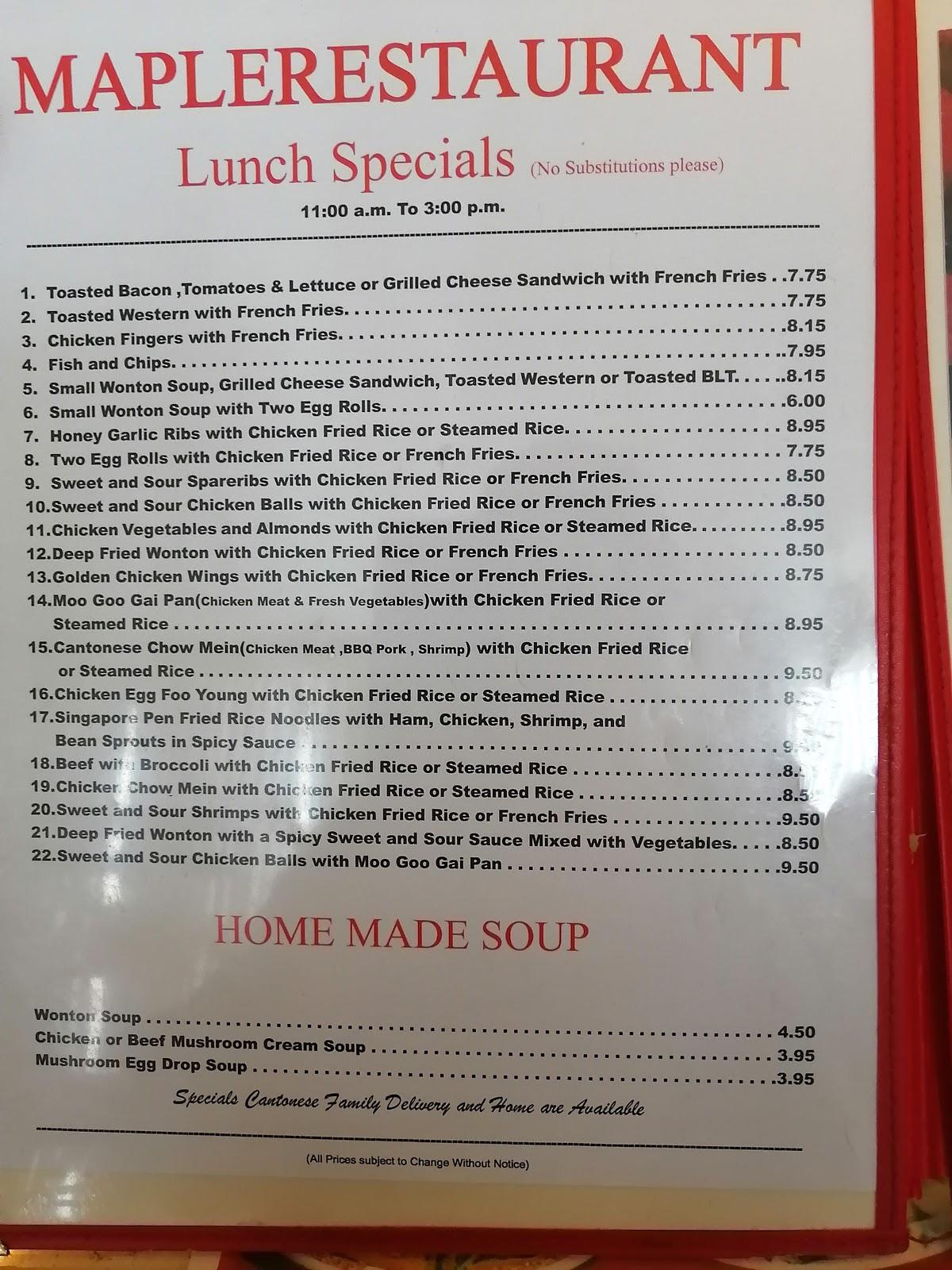 Menu at Maple Restaurant, Elliot Lake