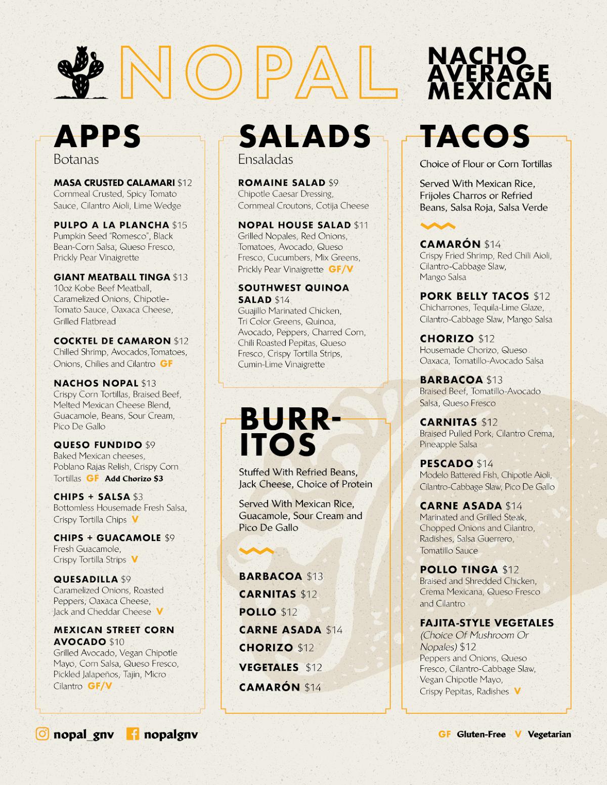 Menu at Nopal by Cintrón restaurant, Gainesville