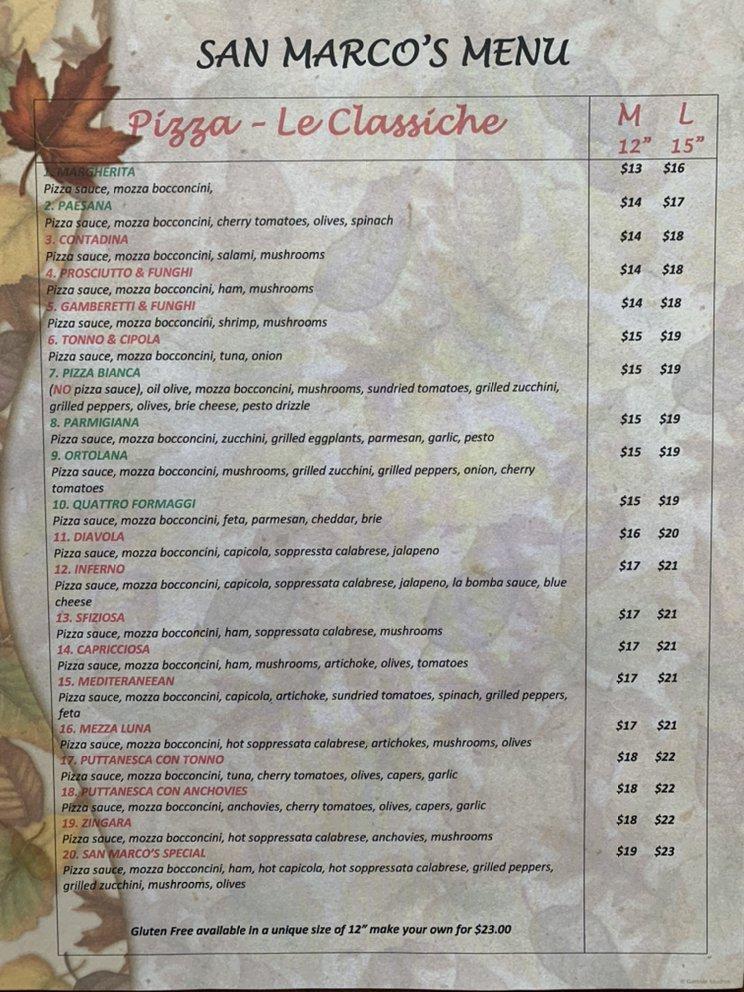 Menu at Osteria San Marco restaurant, Wainwright