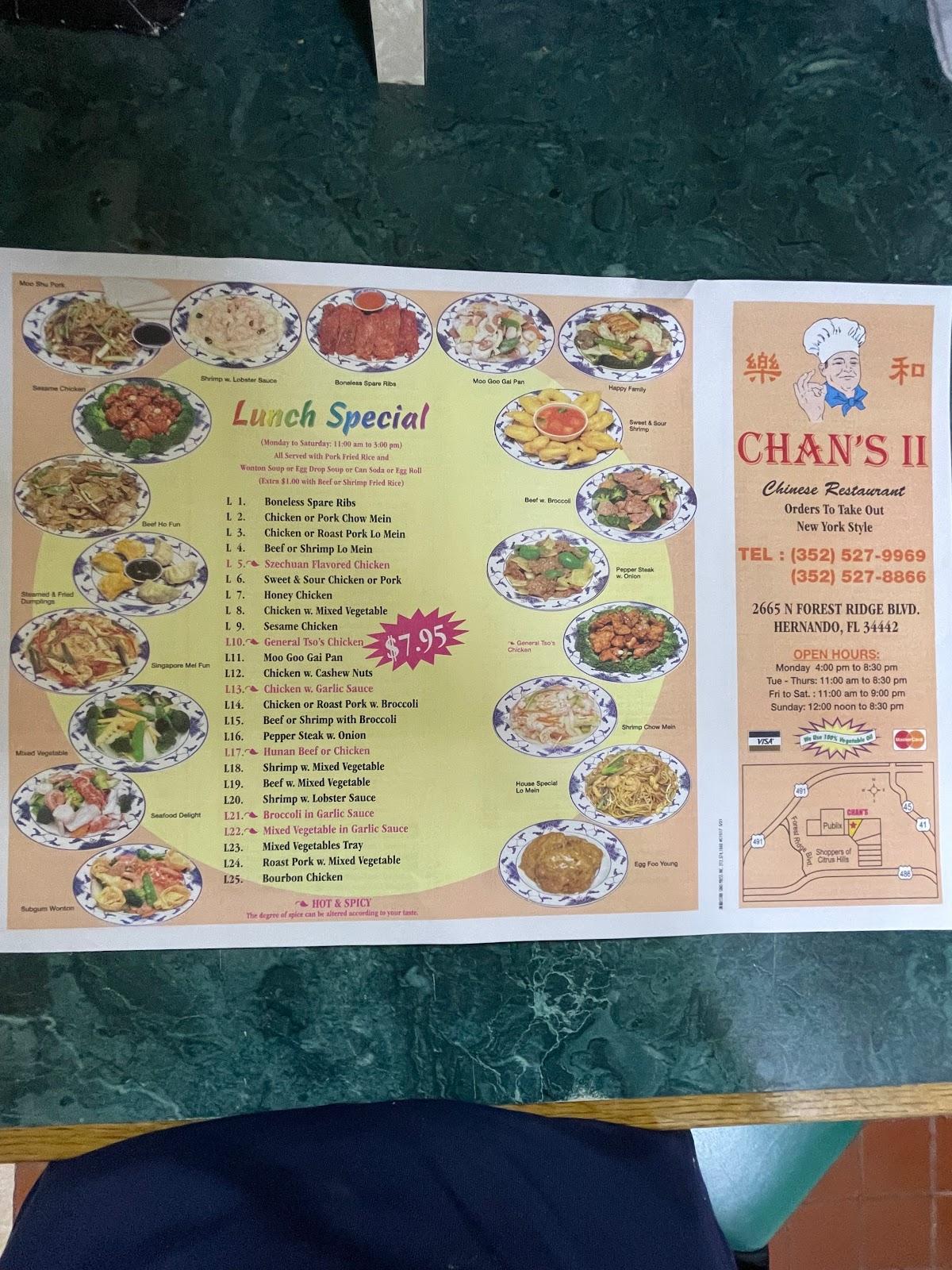 Menu at Chan's restaurant, Hernando