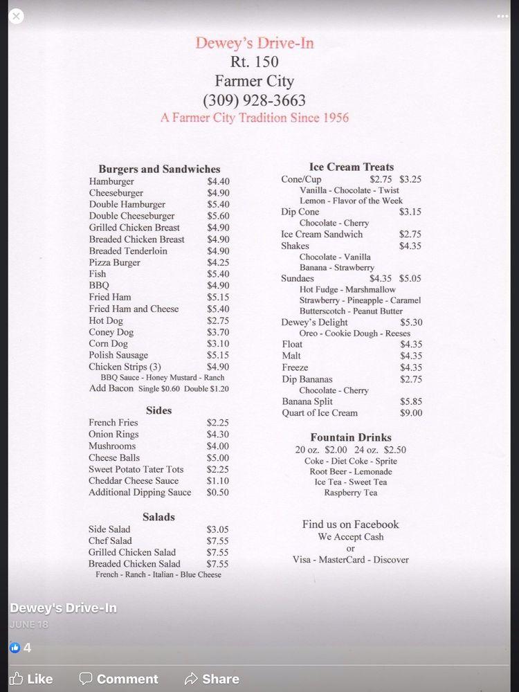 Menu at Dewey's Drive-In fast food, Farmer City