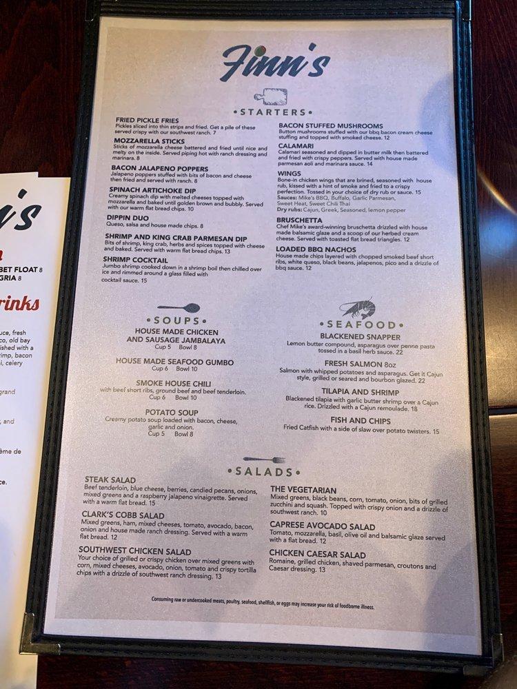 Menu at Finn's steakhouse, Joplin