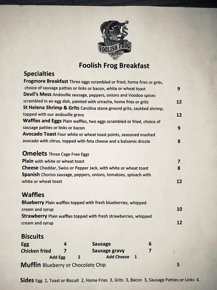 Menu at Foolish Frog restaurant, Saint Helena Island