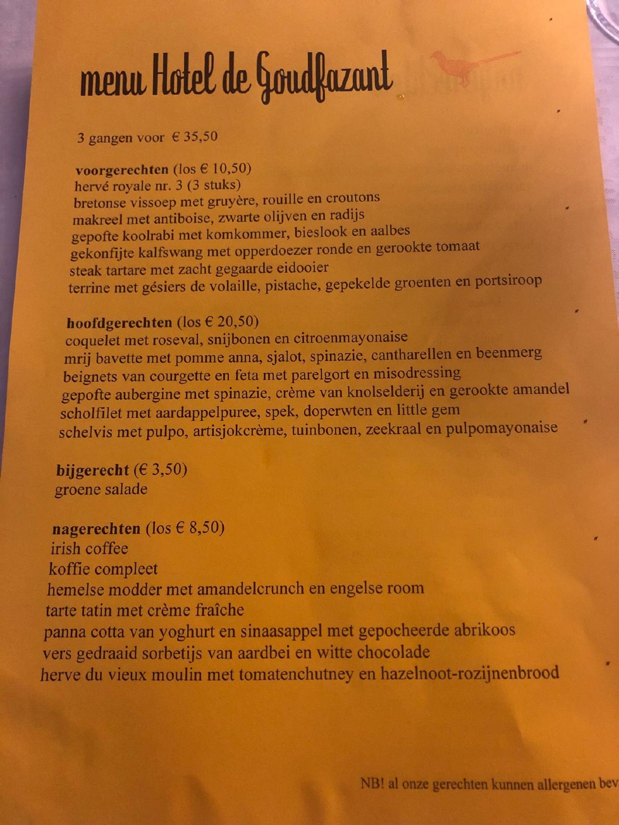 Menu at Hotel De Goudfazant, Amsterdam