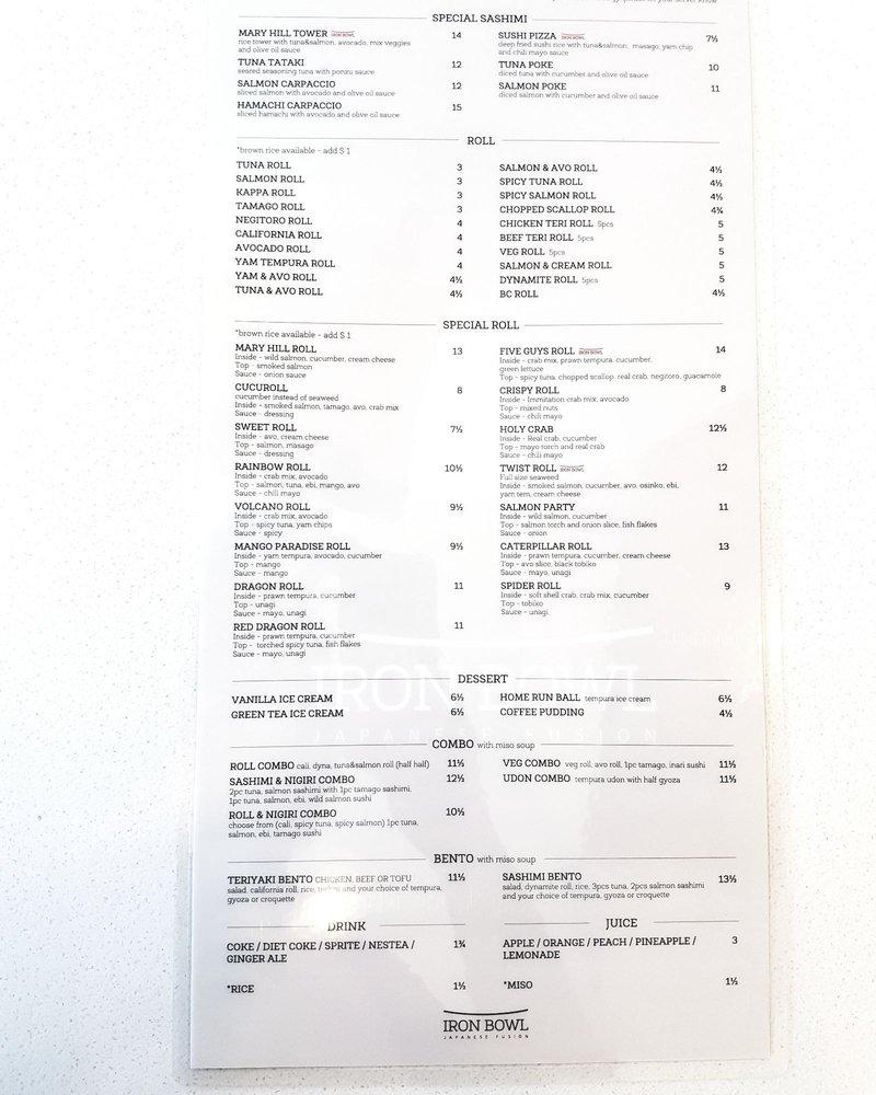 Menu au Iron Bowl restaurant, Port Coquitlam