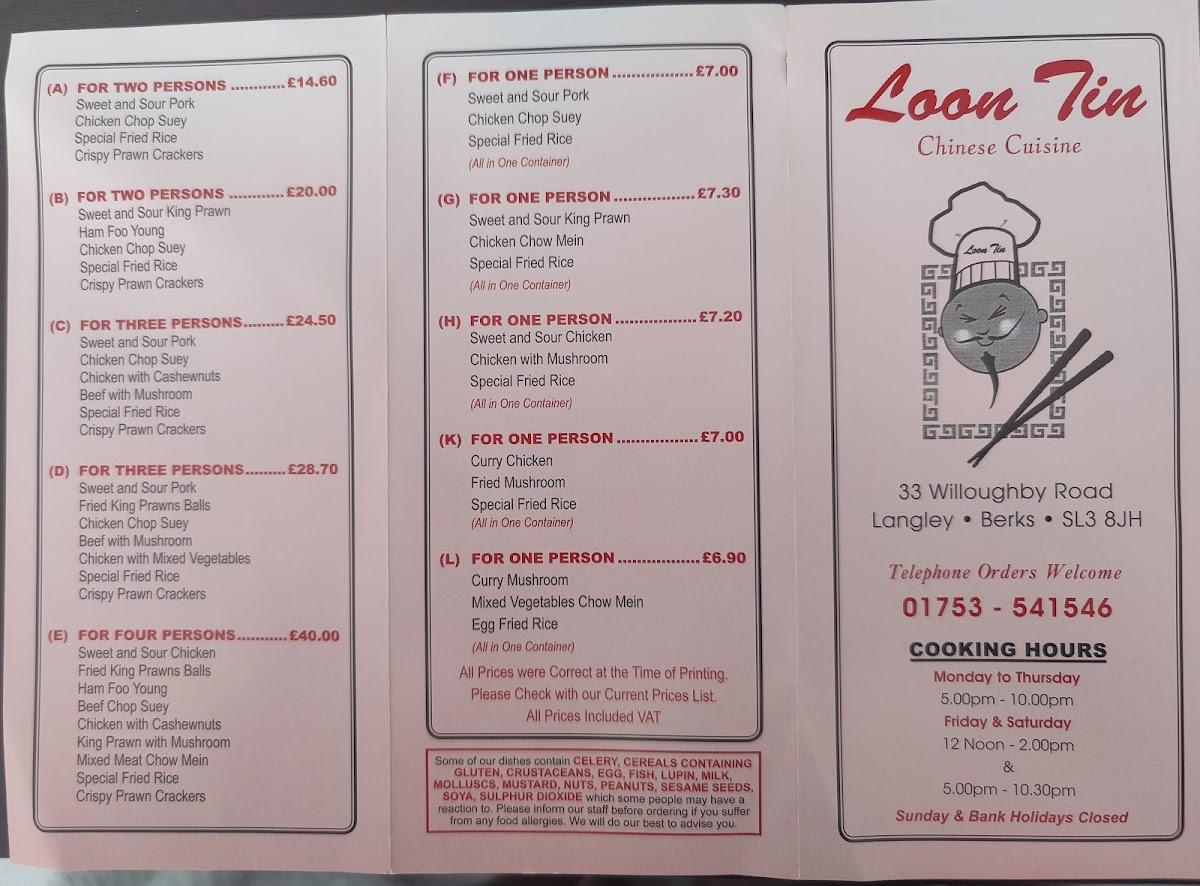 Menu at Loon Tin fast food, Slough