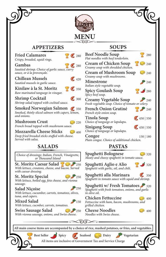 Menu at Luzern Steakhouse, Cebu City