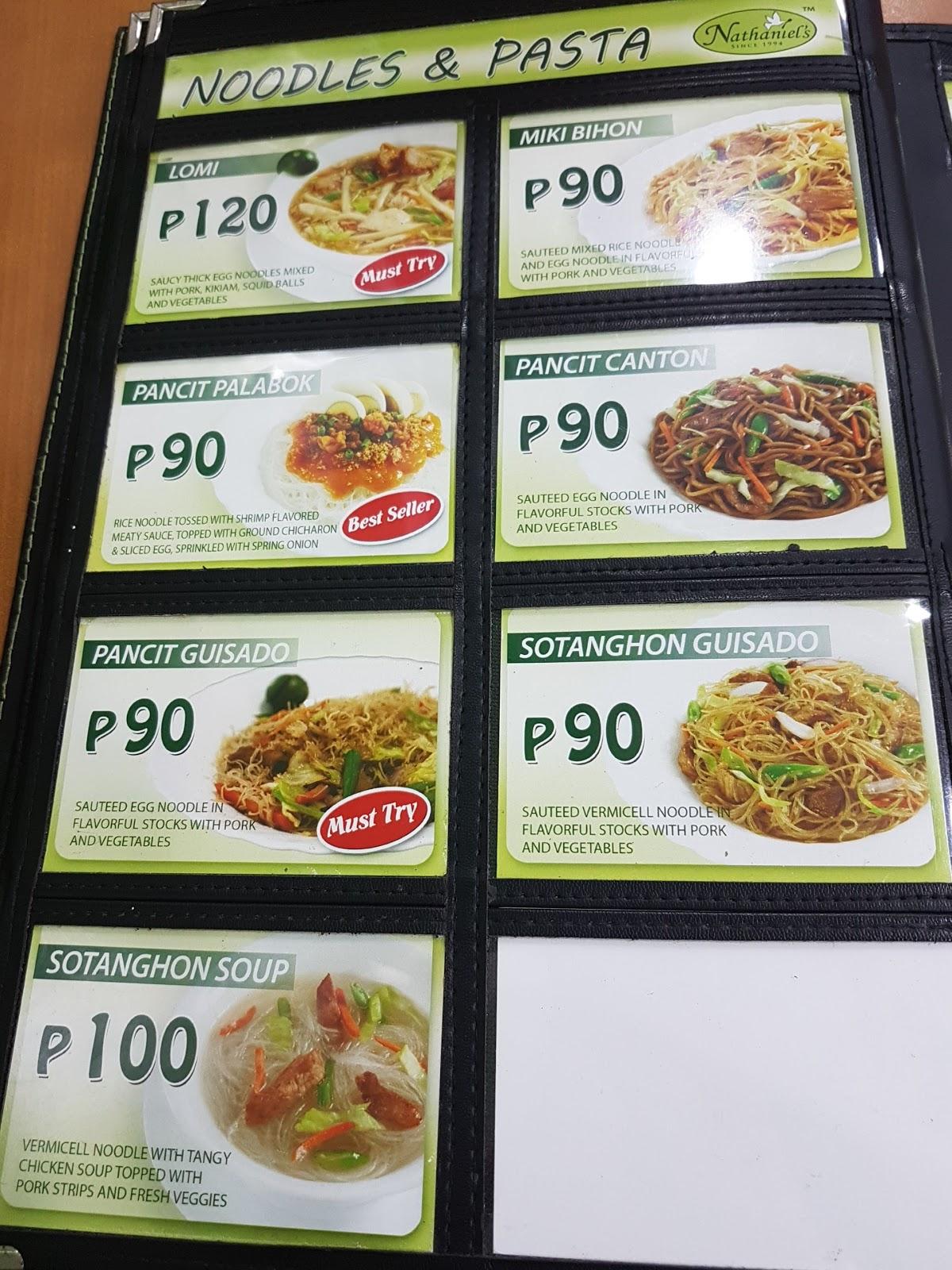 Menu at Nathaniel's Bakeshop restaurant, Olongapo