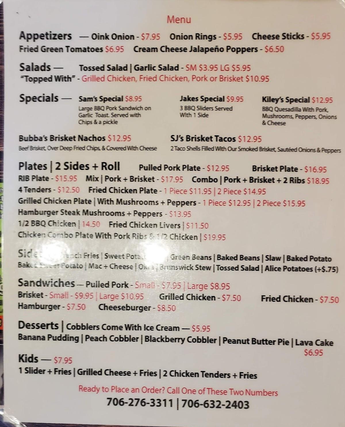Menu at The Pink Pig BBQ, Cherry Log, 824 Cherry Log St