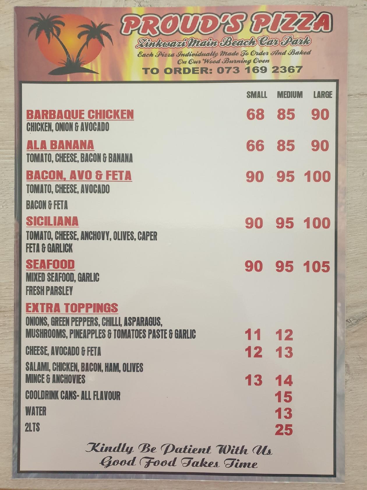 Carta de pizzería Proud's Pizzas Zinkwazi Beach, Nkwazi