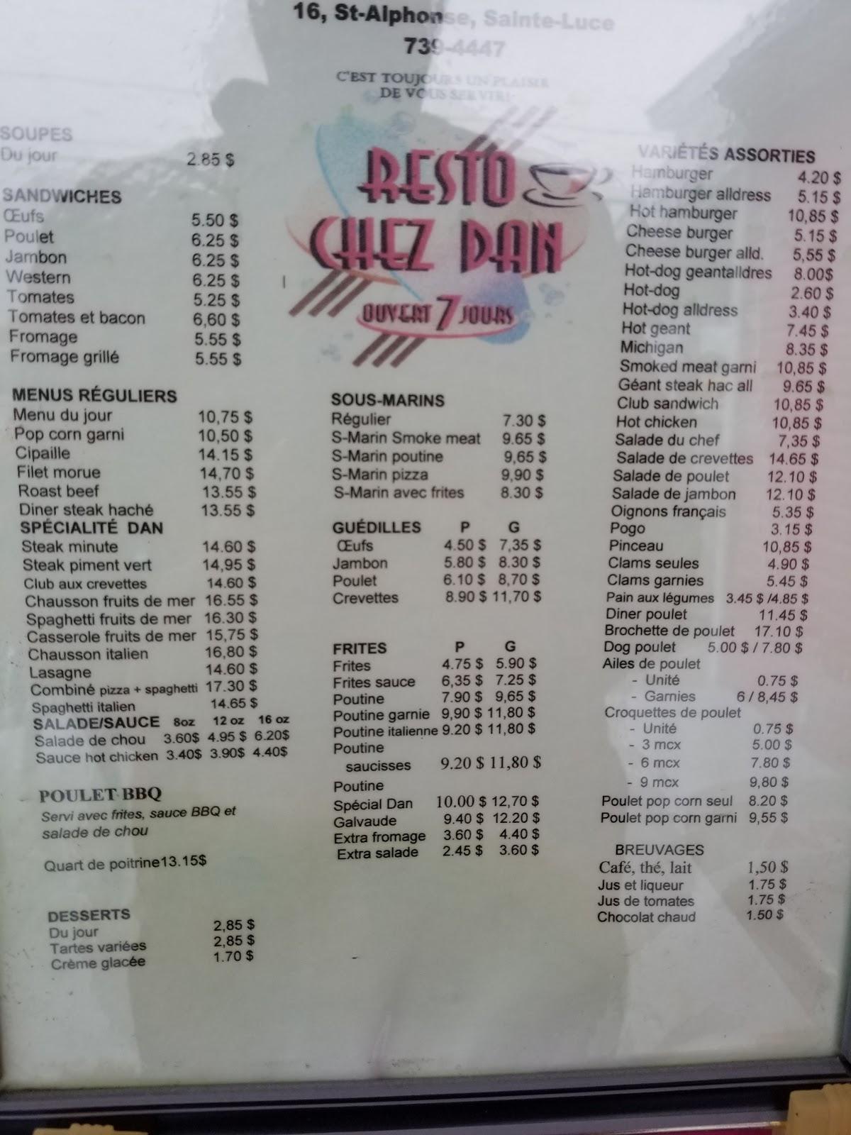 Menu au Resto Chez Dan restaurant, Sainte-Luce